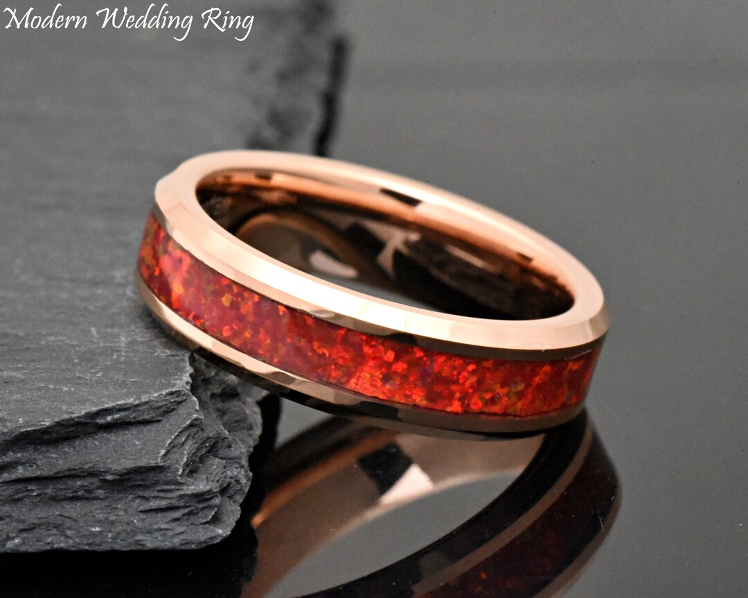 Red Fire Opal Inlay Rose Gold Wedding Band, Men's & Women's 6mm Width Tungsten Opal Ring ...