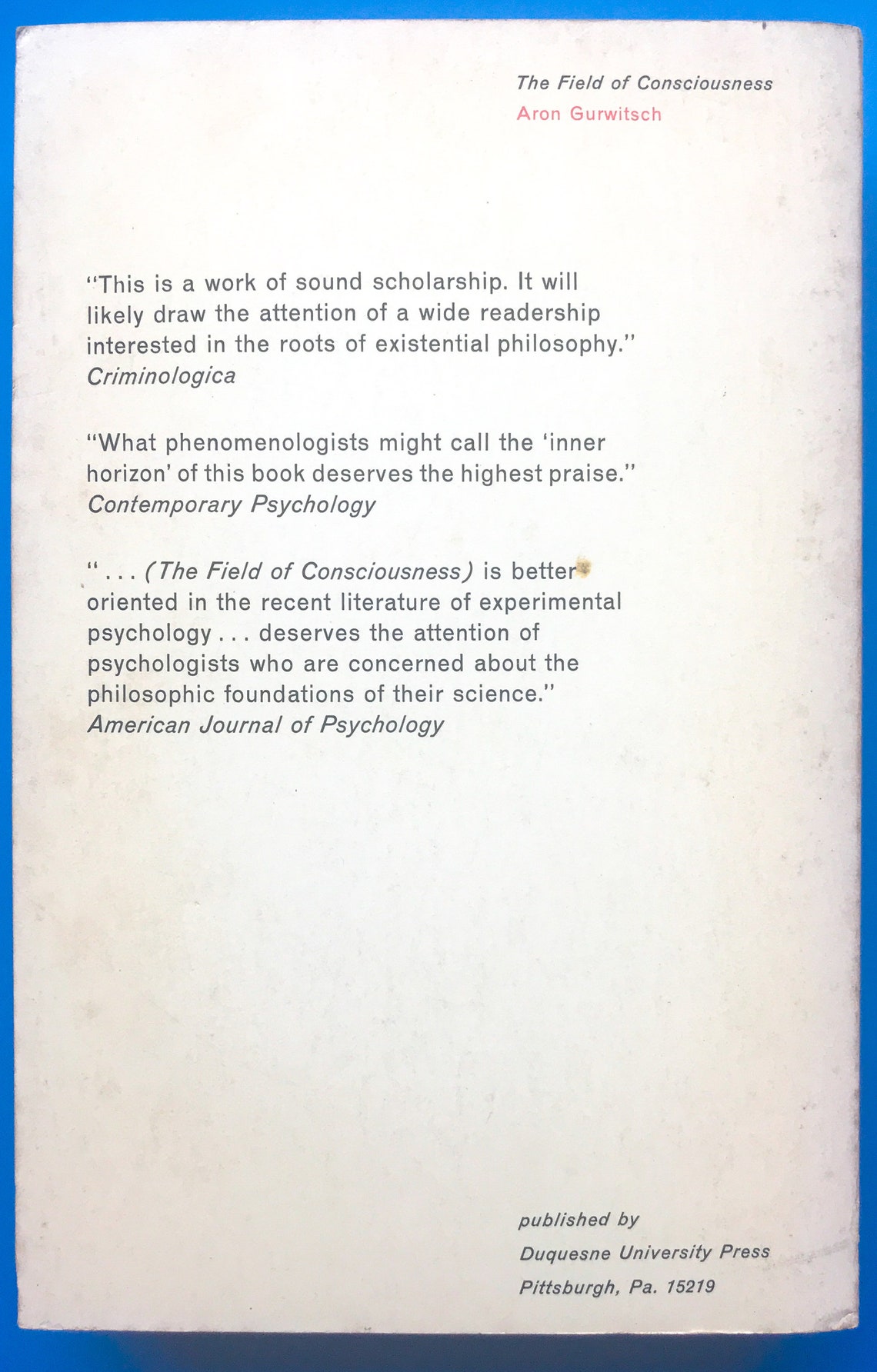 Scarce 1976 The Field of Consciousness by Aron Gurwitsch Vintage ...