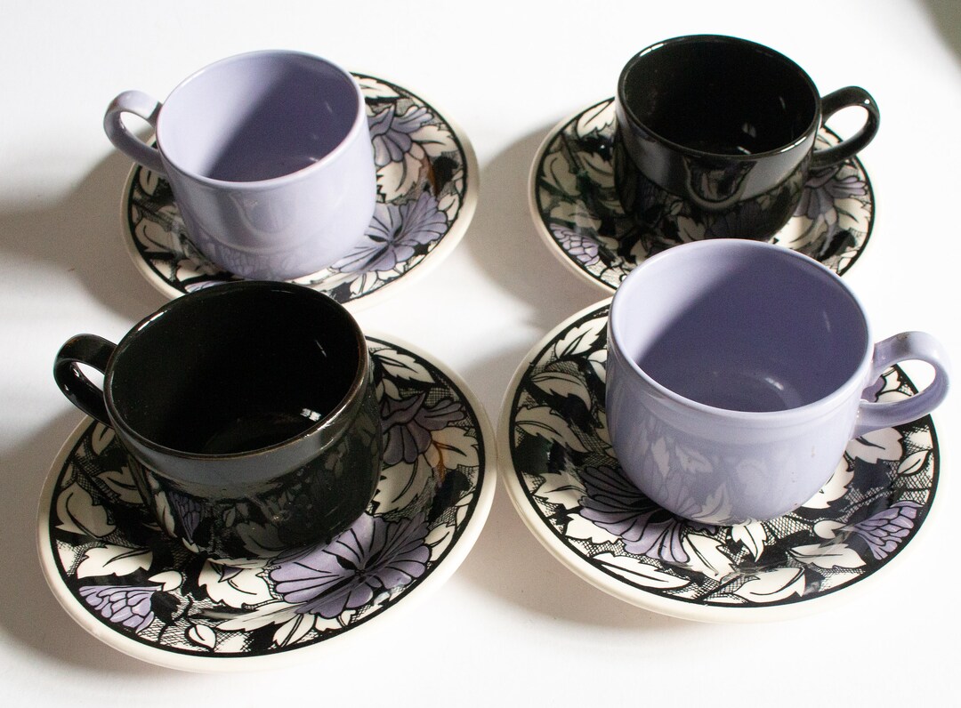 English Ironstone China (EIT) Purple and Black Teacups and Saucers (4 ...