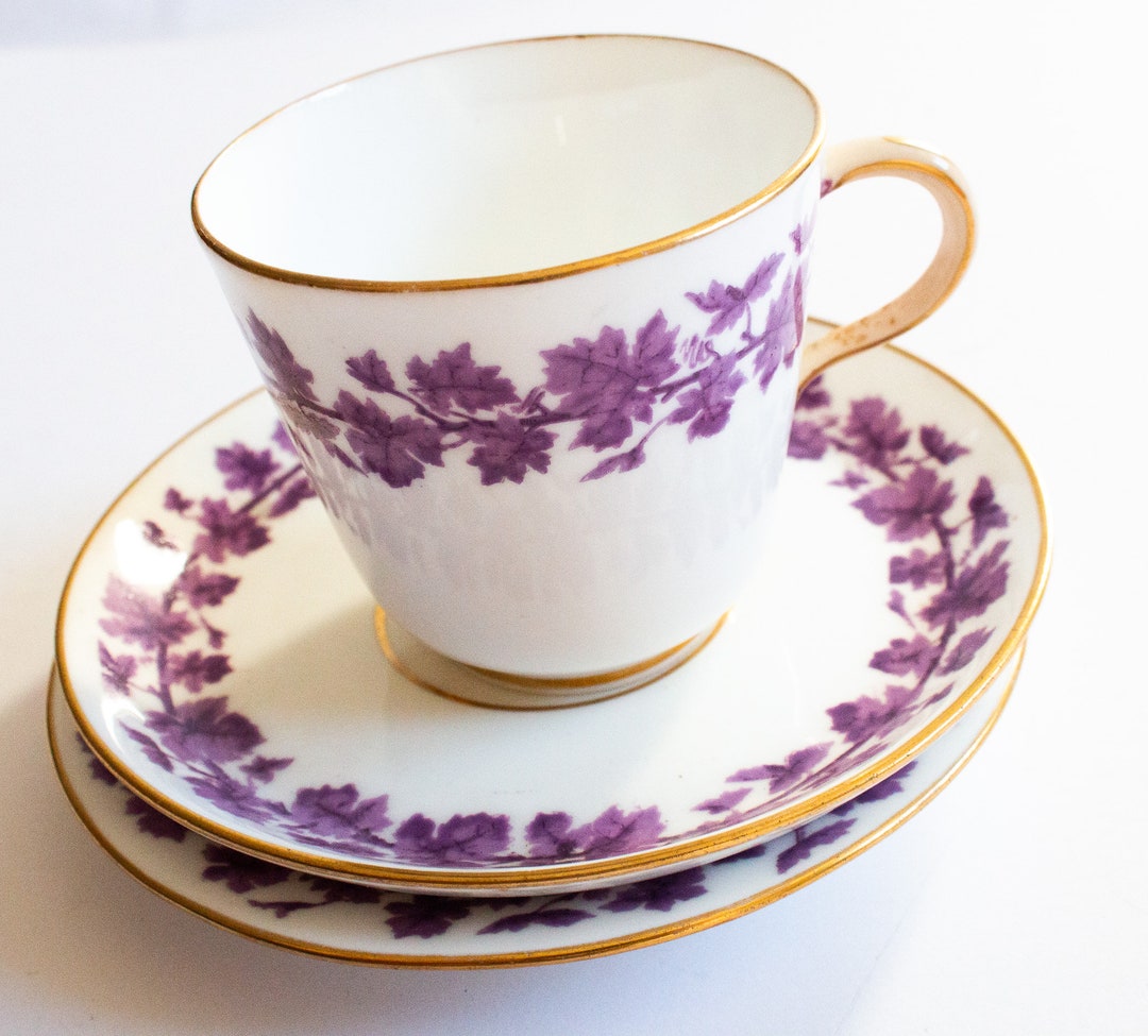 Vintage Purple Floral China Teacup Trio With Gilt Detail, Vintage ...