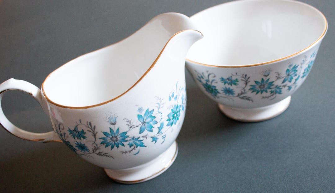 Colclough Bone China Blue and White Sugar Bowl and Creamer Set, Vintage ...