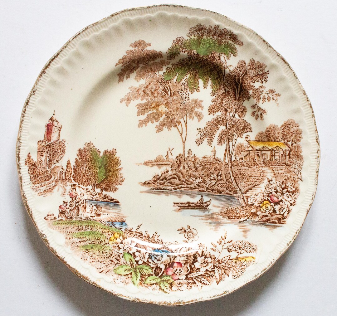 Vintage Swinnertons 'the Ferry' Pattern Brown Transferwarwe 10" Plate ...