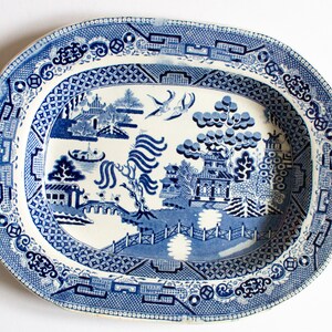 Antique Willow Pattern Small Blue and White Transferware Serving Platter, Vintage Willow Pattern ...