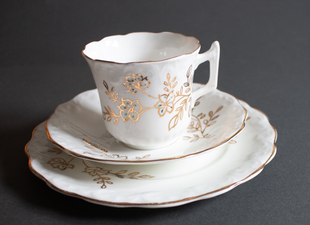 Vintage White and Gold Floral Teacup Trio, Vintage Teatime, Edwardian ...