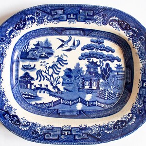 Antique Willow Pattern Small Blue and White Transferware Serving Platter, Vintage Willow Pattern ...