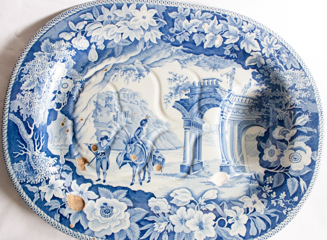 Large Antique Clews 'ruins' Pattern Blue and White Transferware Serving ...