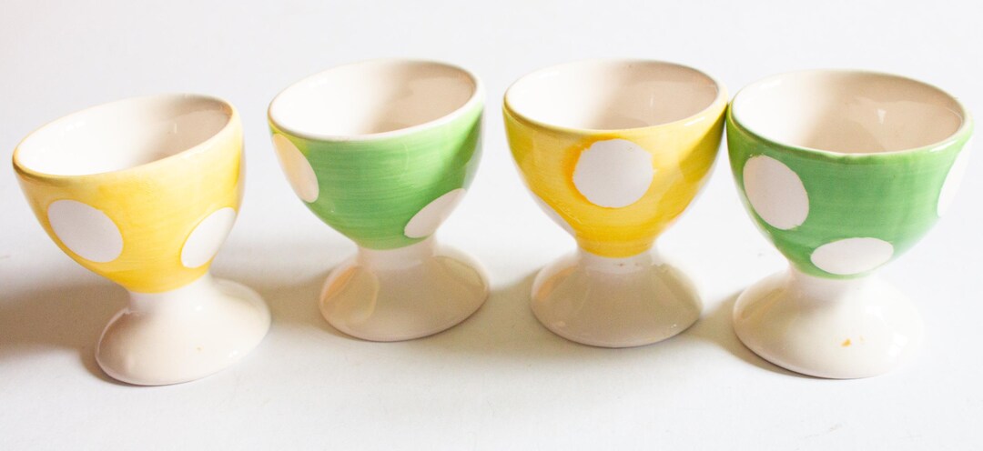 Vintage French Afibel Yellow and Green Polka Dot Egg Cups (4), Vintage ...