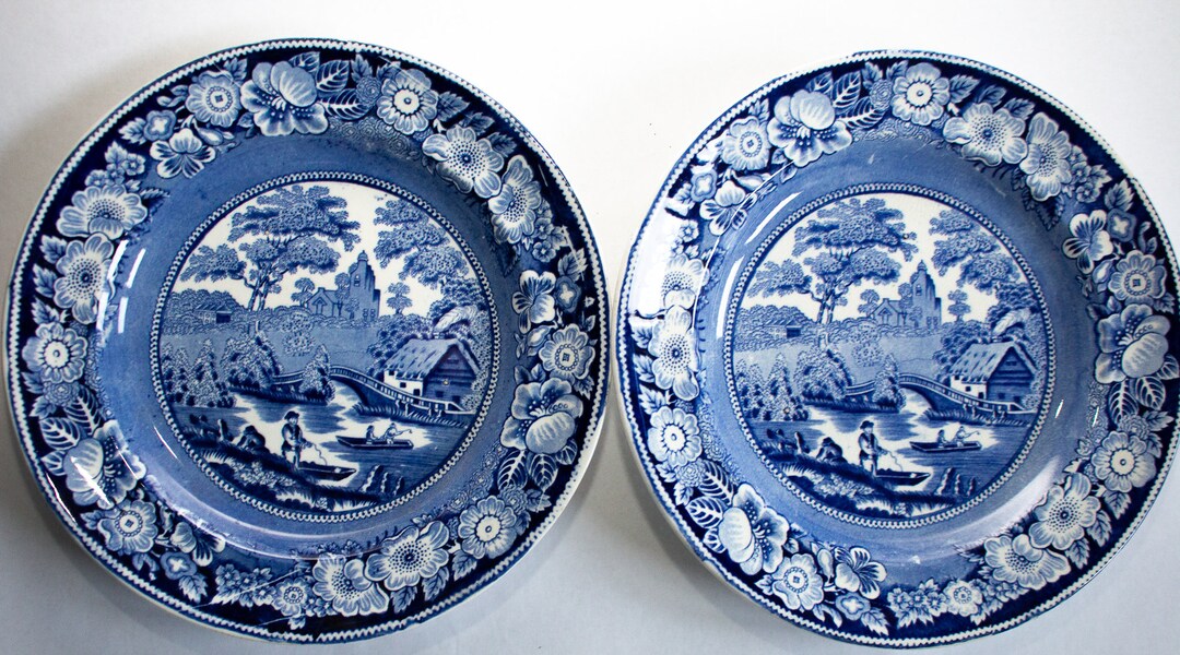 Antique Blue Transferware 'rose Border' Plates (2), Blue Transferware ...