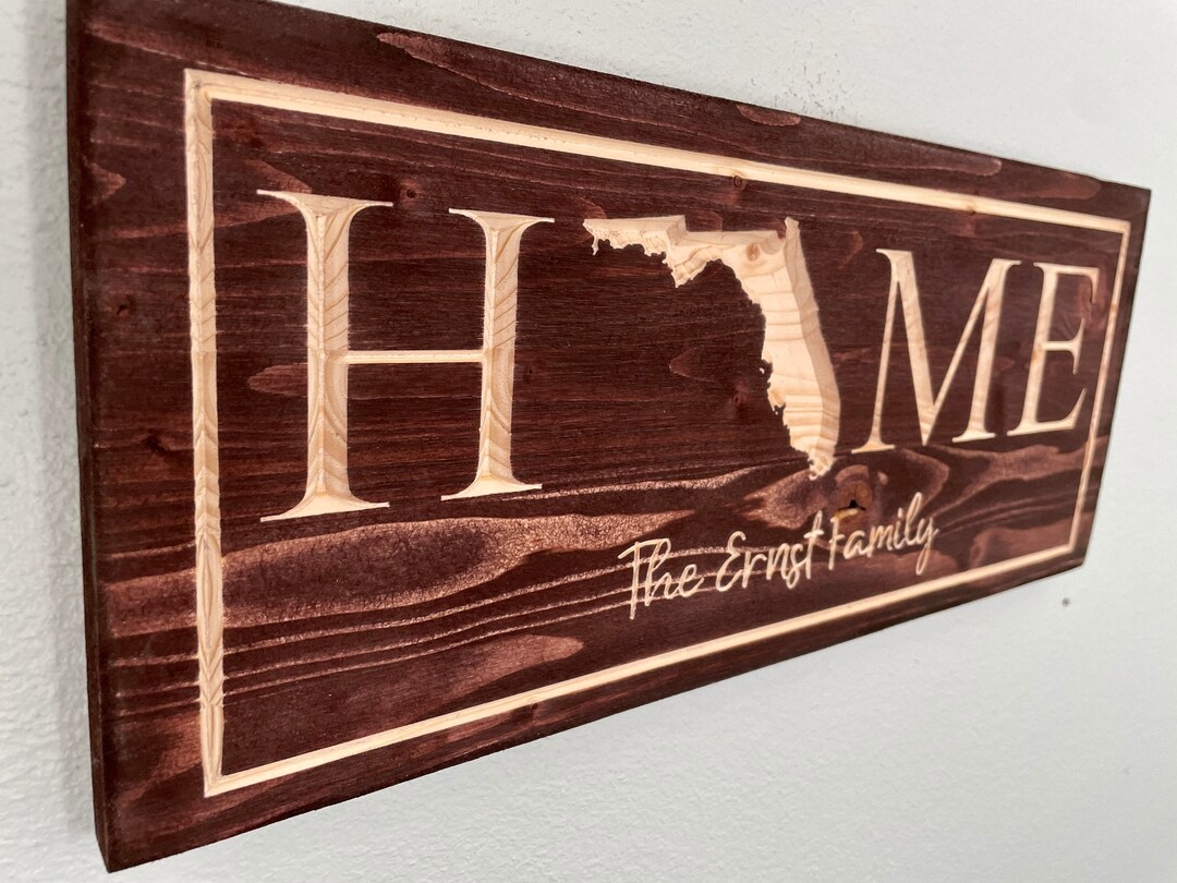 Personalized Home Sign With State Outline - CNC Carved Wood Family Name ...