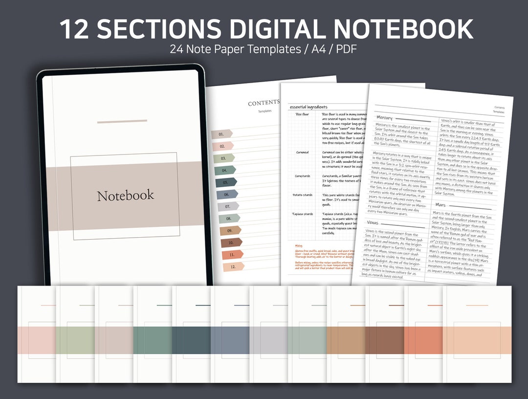 12 Sections Digital Notebook 12 Tab Hyperlinked Goodnotes Notebook ...