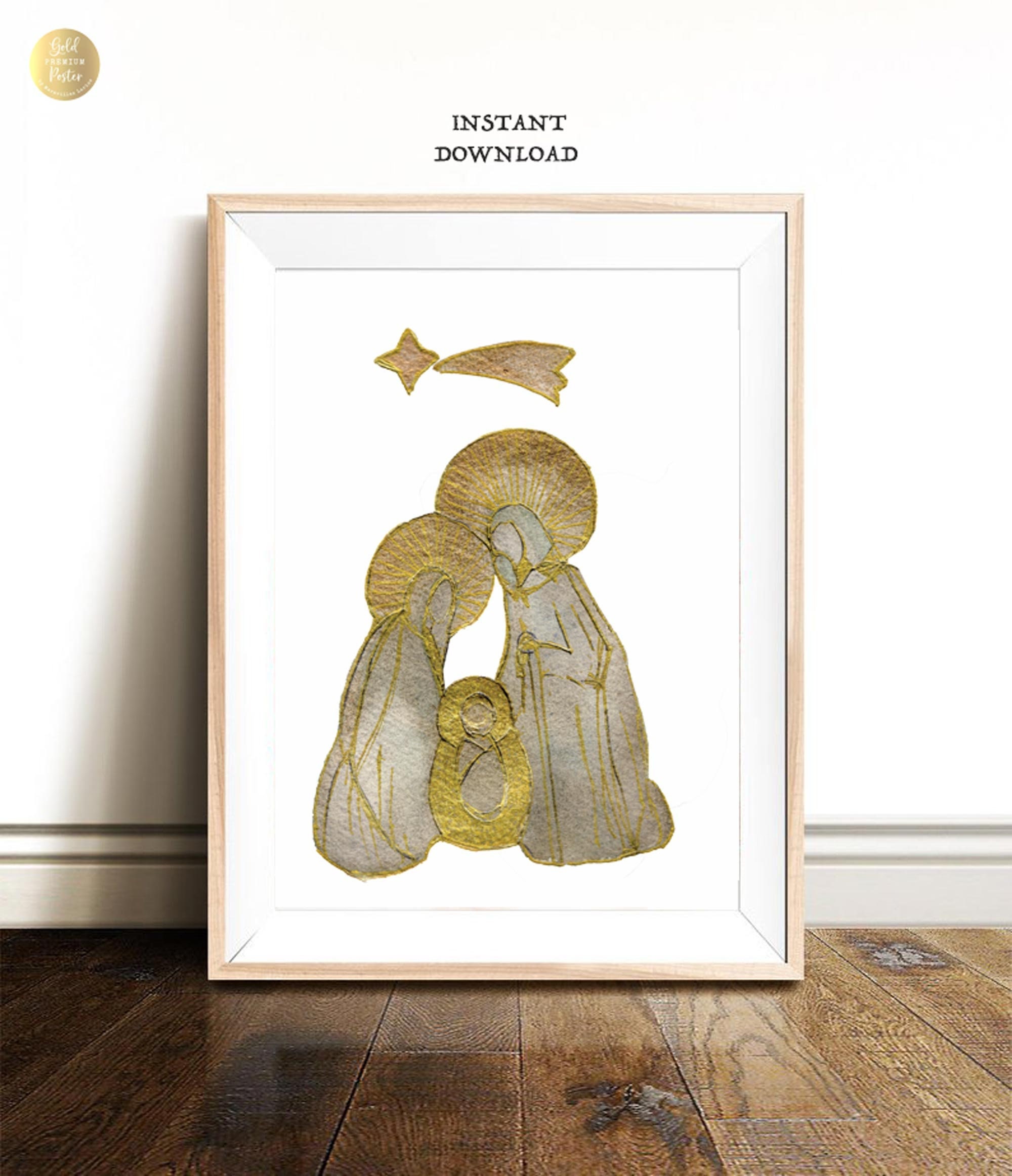 Gold Nativity PRINTABLE, Christmas Nativity Scene Wall Art, Watercolor ...