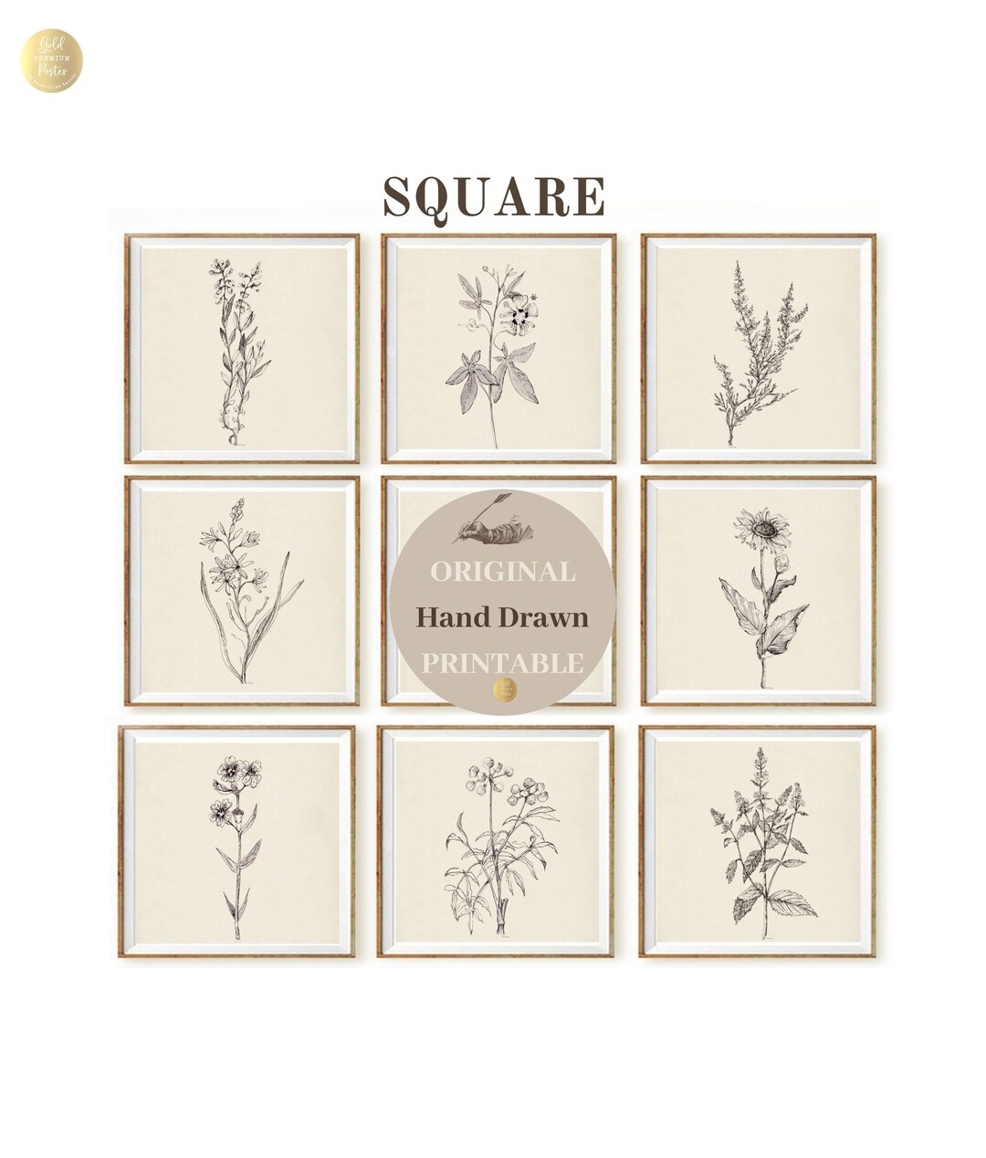 Square Neutral Botanical Vintage Prints SET Floral Drawing Gallery Wall ...