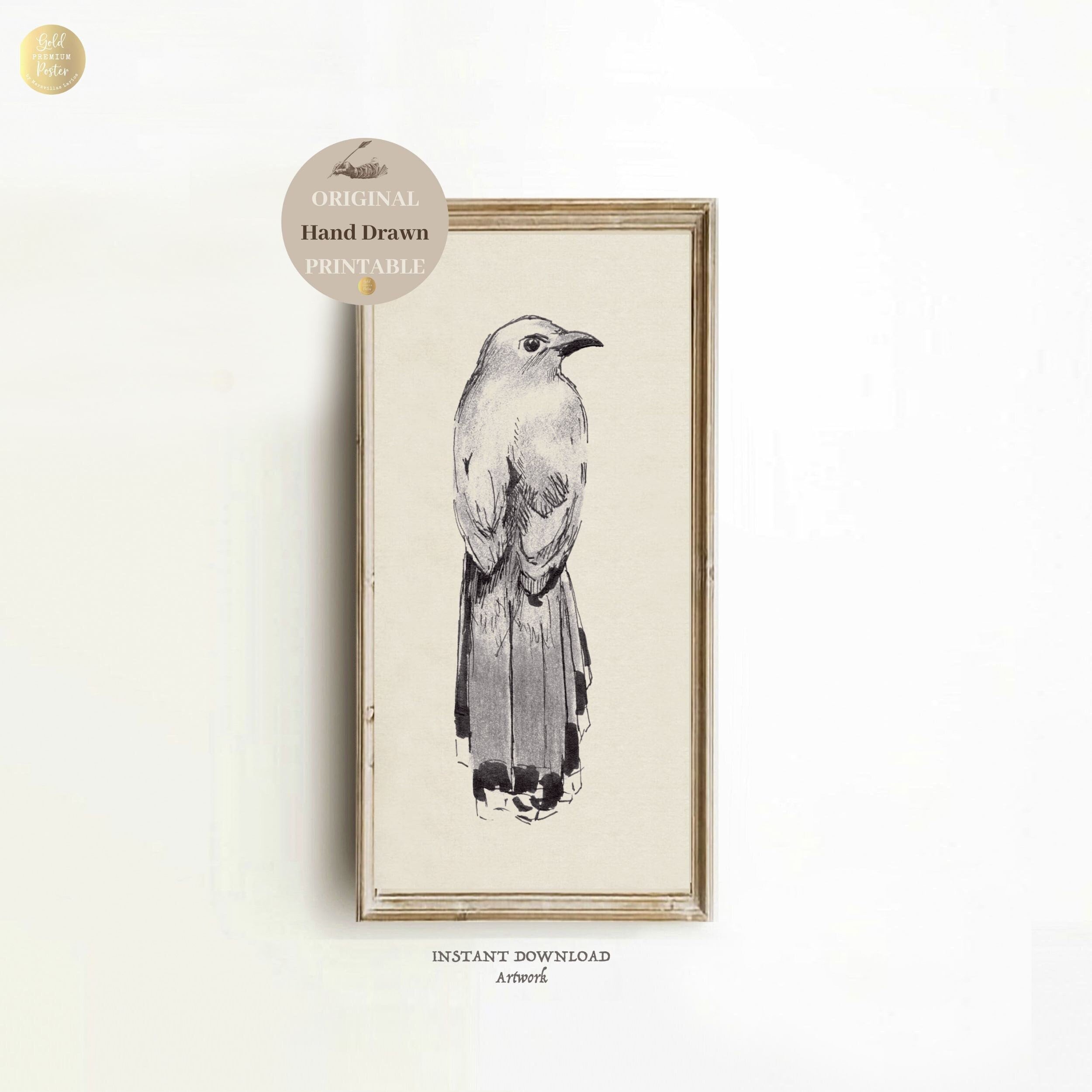 BIRD SKETCH Tall Long Narrow Wall Art, Vertical Neutral ,thin Wall Art ...