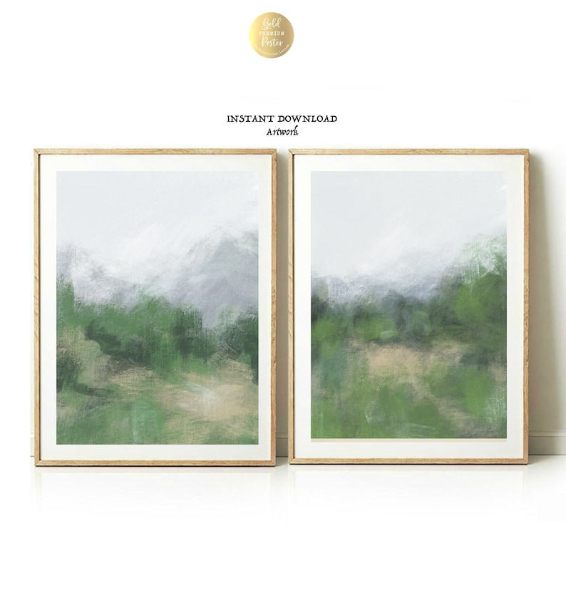 Sage Green Pastel Landscape Painting Original Set of 2 Piece PRINTABLE ...