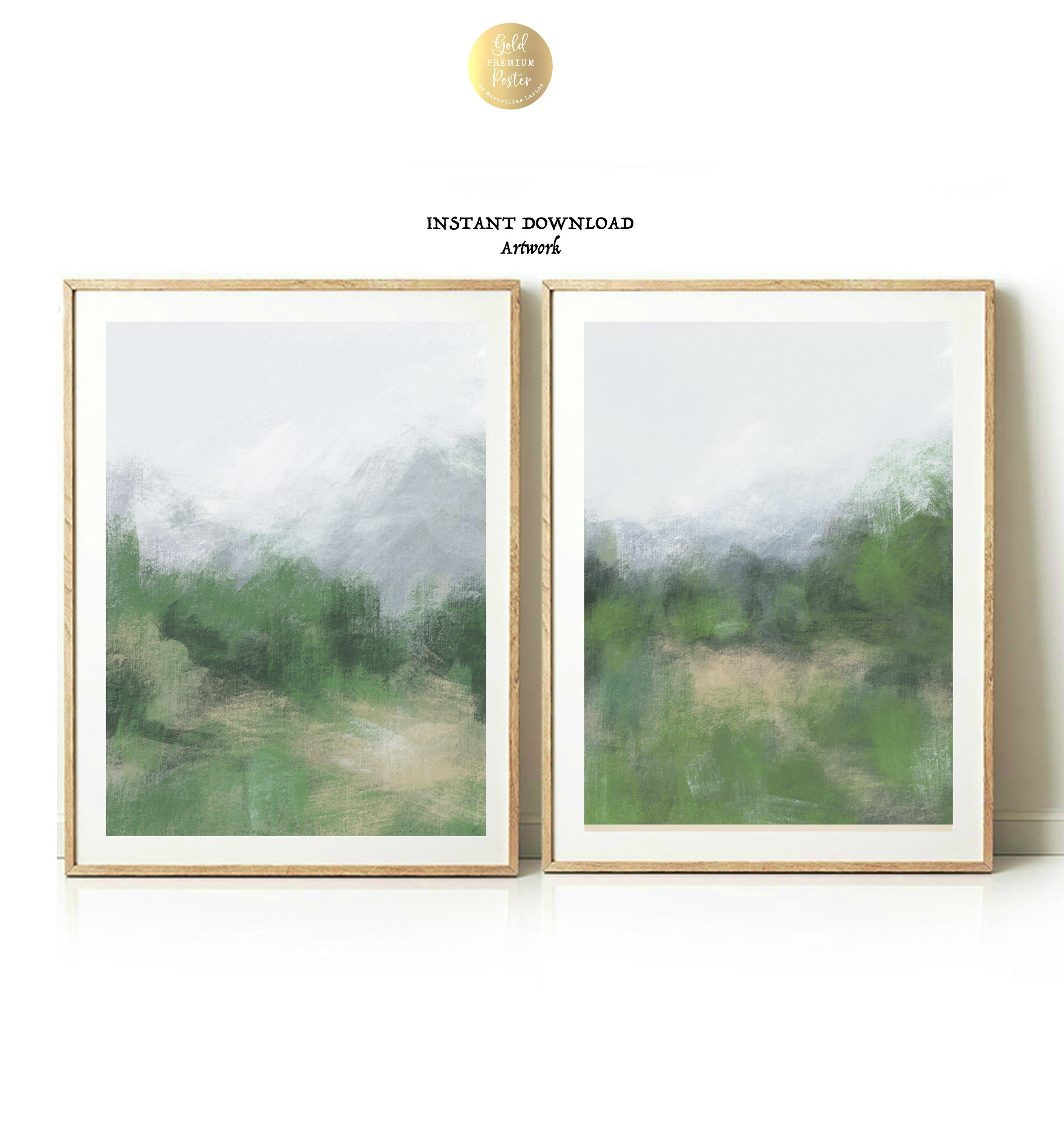 Sage Green Pastel Landscape Painting Original Set of 2 Piece PRINTABLE ...