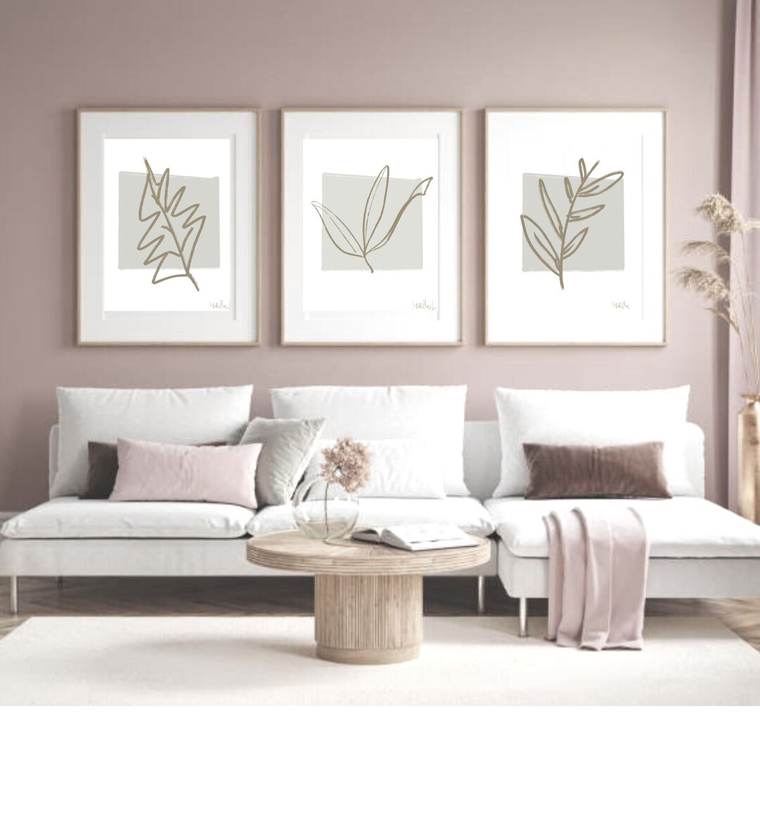 Grey Botanical Line Art Drawing SET 3 Leaves Sketch Gray PRINTABLE ...