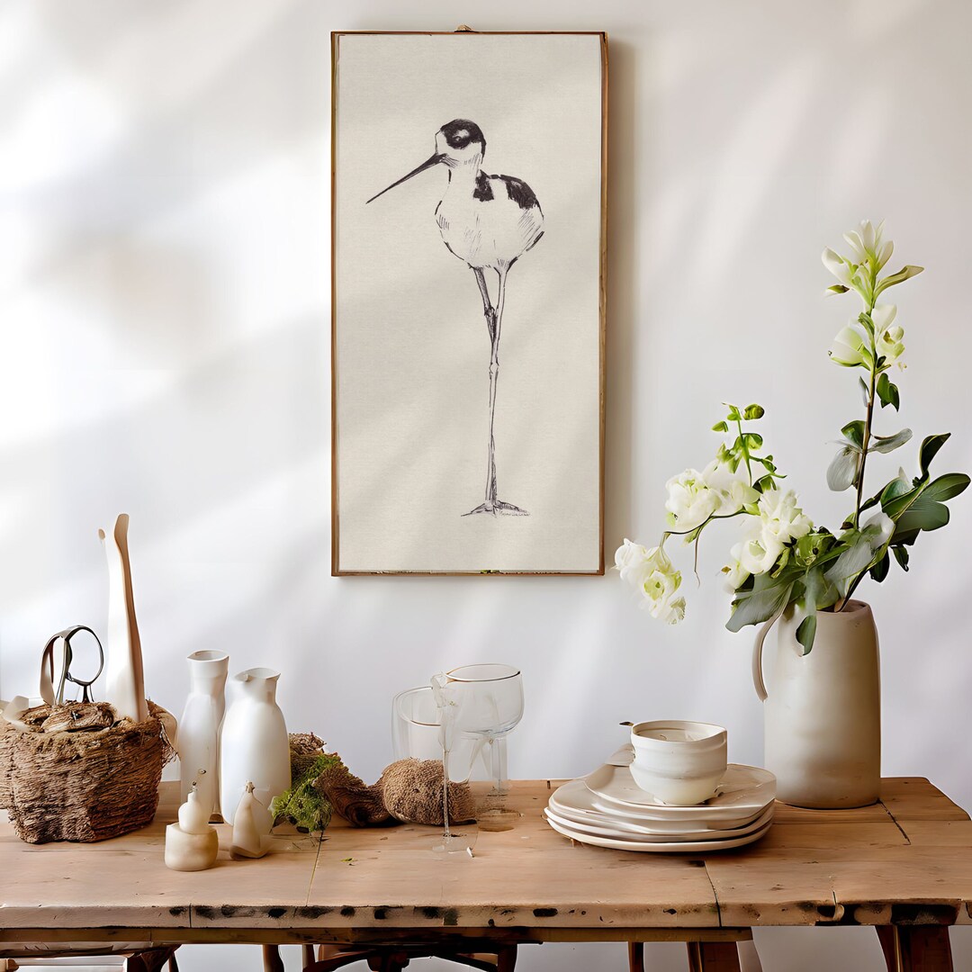 Antique Etching Stilt Bird Picture Rustic Vertical Bird Wall Art Bird ...