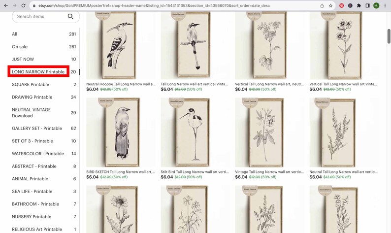 BIRD SKETCH Tall Long Narrow Wall Art, Vertical Neutral ,thin Wall Art ...
