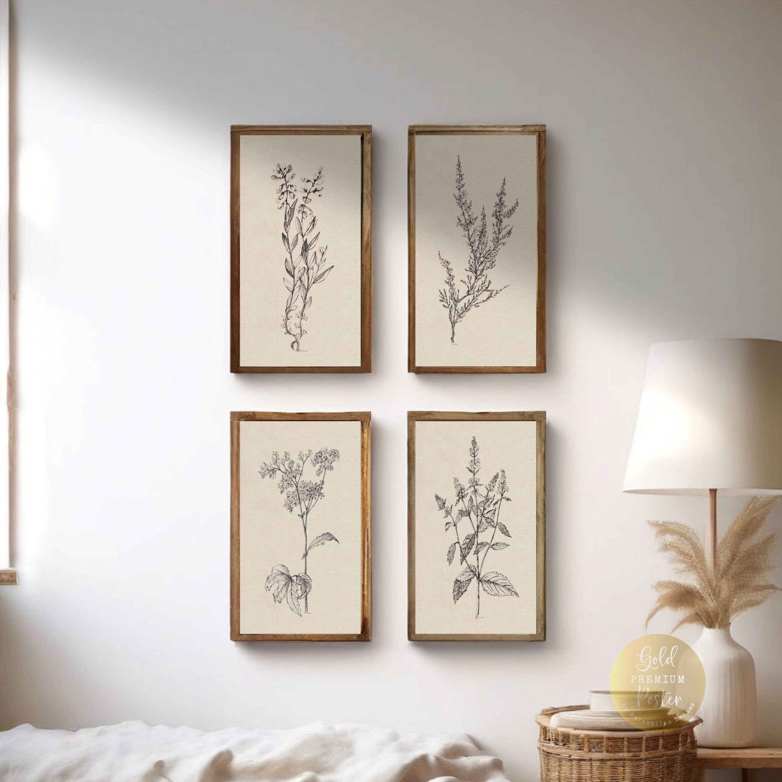 Rustic Tall Long Narrow Wall Art Set of 4 Print Vertical Vintage Sketch ...