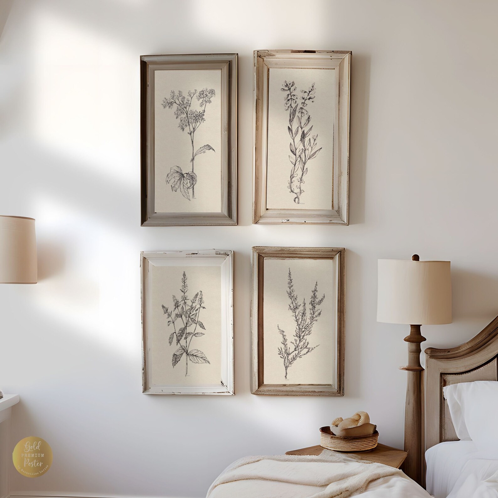 Rustic Tall Long Narrow Wall Art Set of 4 Print Vertical Vintage Sketch ...