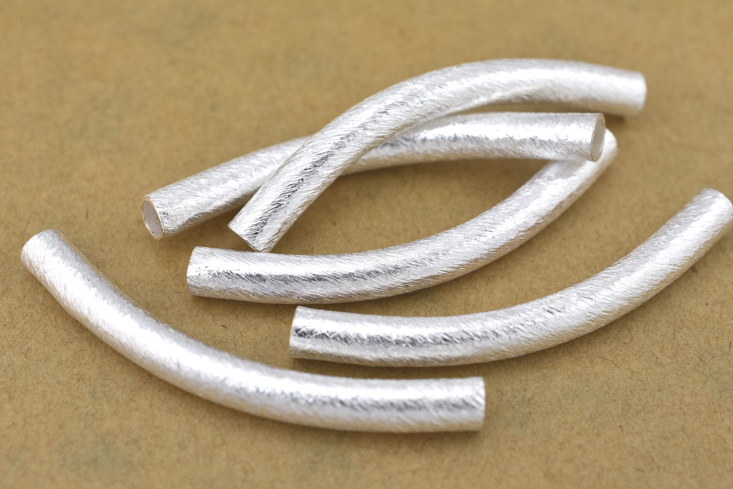 40mm - 5pc Silver Tube Beads, Curved Pipe Beads, Brushed Silver Curved ...