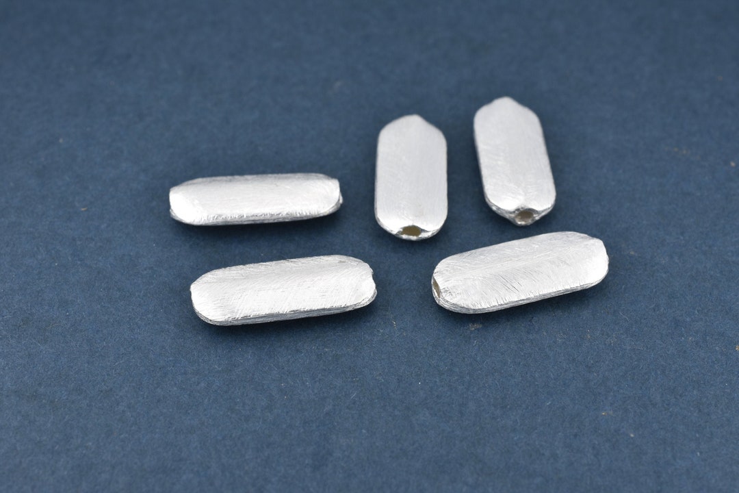 20mm - 5pcs Long Flat Silver Beads, Silver Oblong Beads, Brushed Finish ...