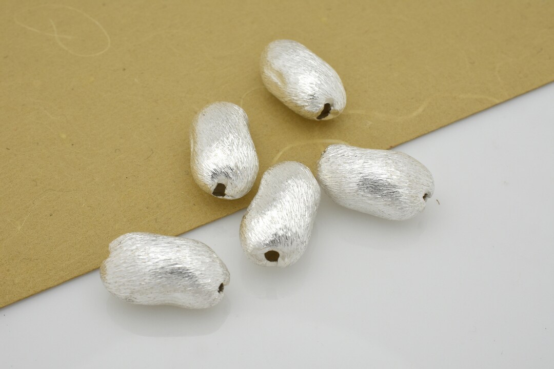 14mm - 5pc Silver Plated Bean Shape Beads, Silver Nugget Beads, Brushed ...
