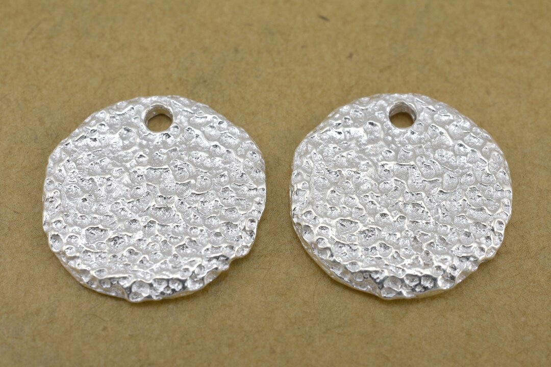 2 Silver Plated Flat Disc Charms, Artisan Handmade Rustic Disk Charms ...