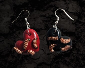 Creepy Heart Maggot Earrings | Handmade Polymer Clay Halloween Jewelry ...