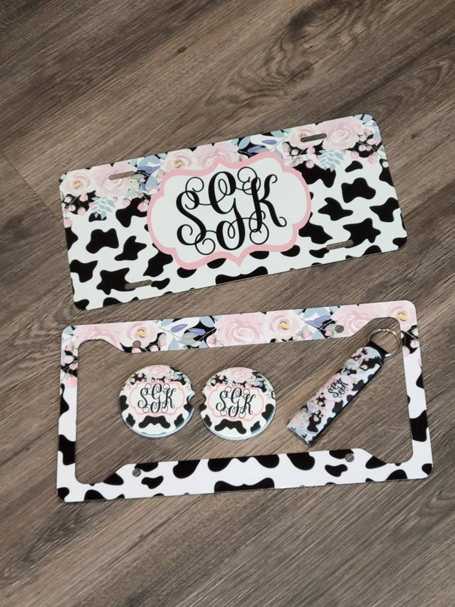 Black Cow Print Pink Floral Personalized License Plate and - Etsy
