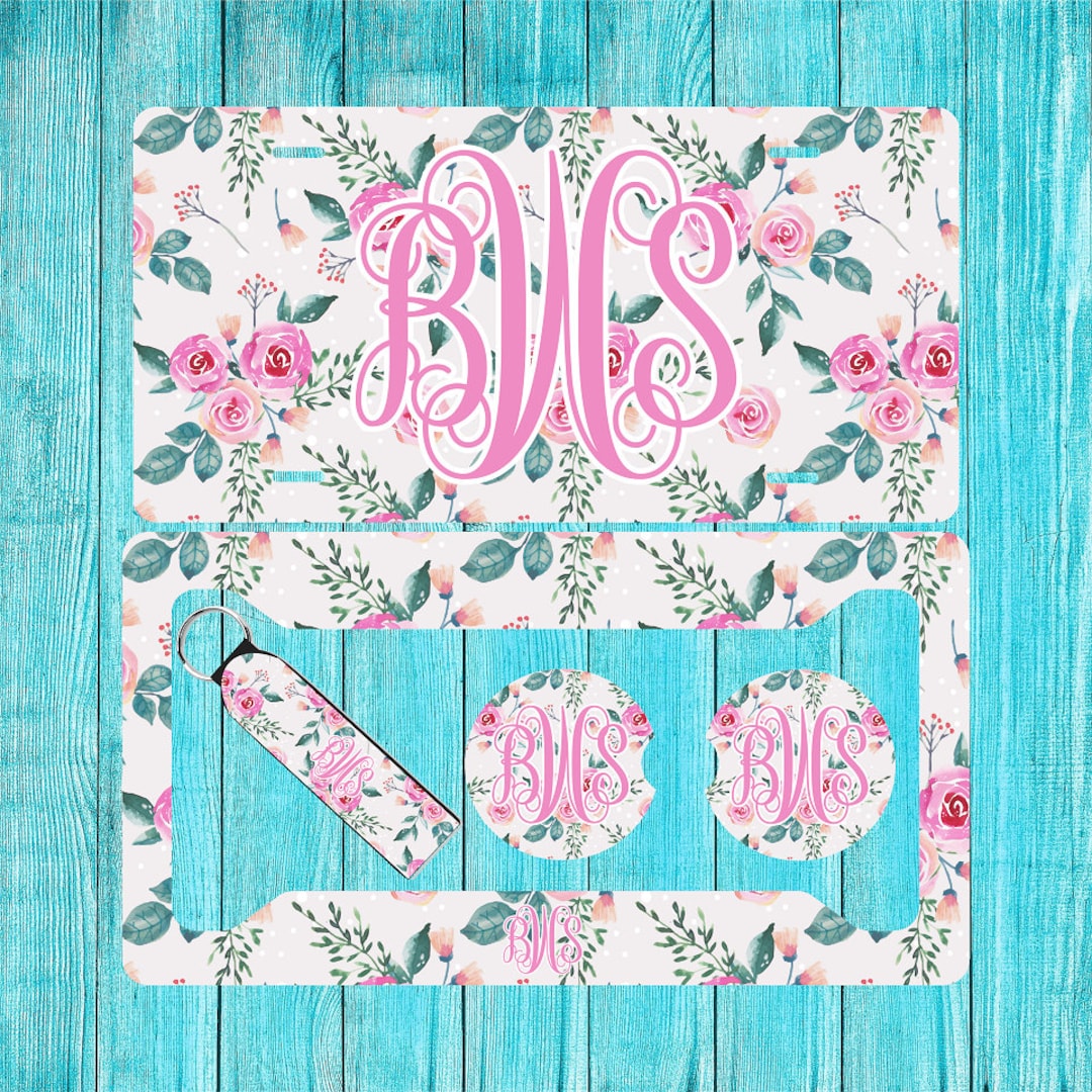 Pink Floral Personalized License Plate and Car Coasters, Personalized ...
