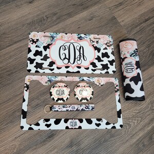 Black Cow Print Pink Floral Personalized License Plate and Accessories ...