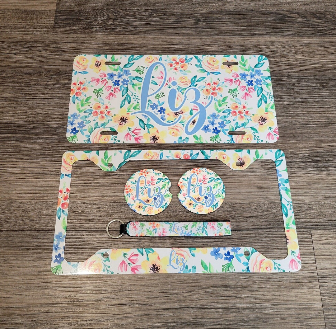 Multi-color Floral Personalized License Plate and Car Coasters ...