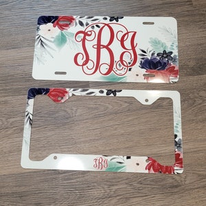 Red and Blue Floral Personalized License Plate and Car Coasters ...