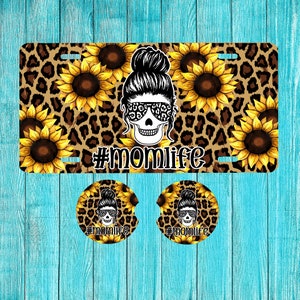Mom Life Skull Sunflower Cheetah Personalized License Plate ...