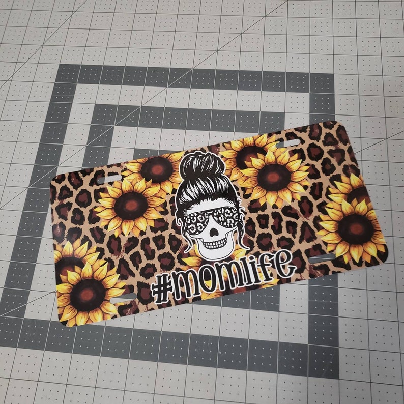 Mom Life Skull Sunflower Cheetah Personalized License Plate ...
