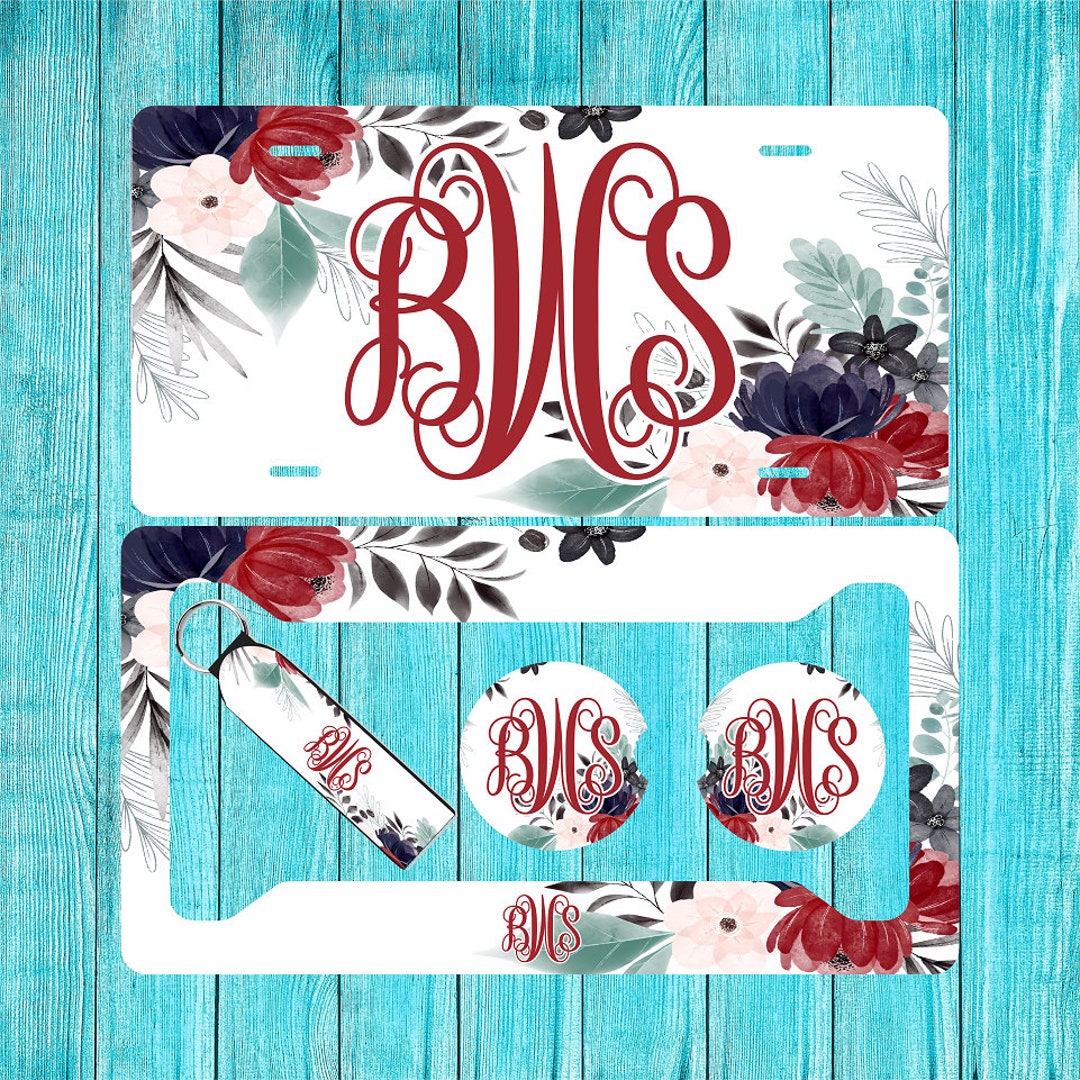 Red and Blue Floral Personalized License Plate and Car Coasters ...