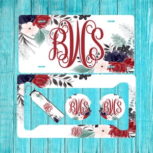 Red and Blue Floral Personalized License Plate and Car Coasters ...