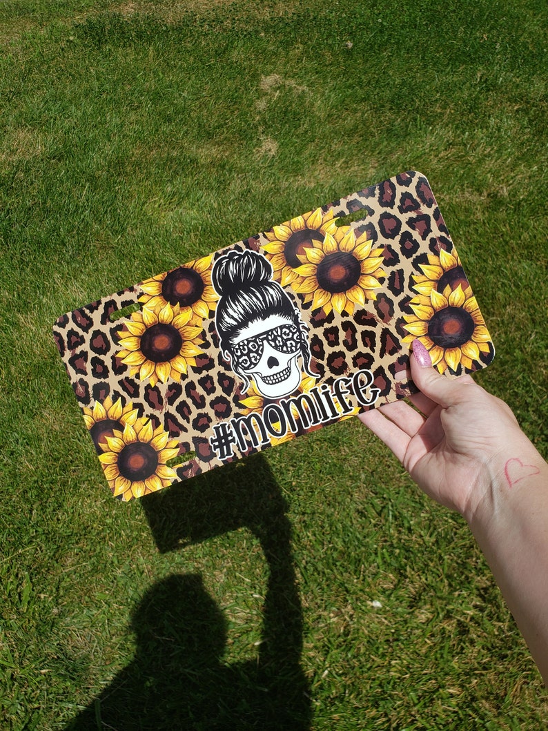 Mom Life Skull Sunflower Cheetah Personalized License Plate ...