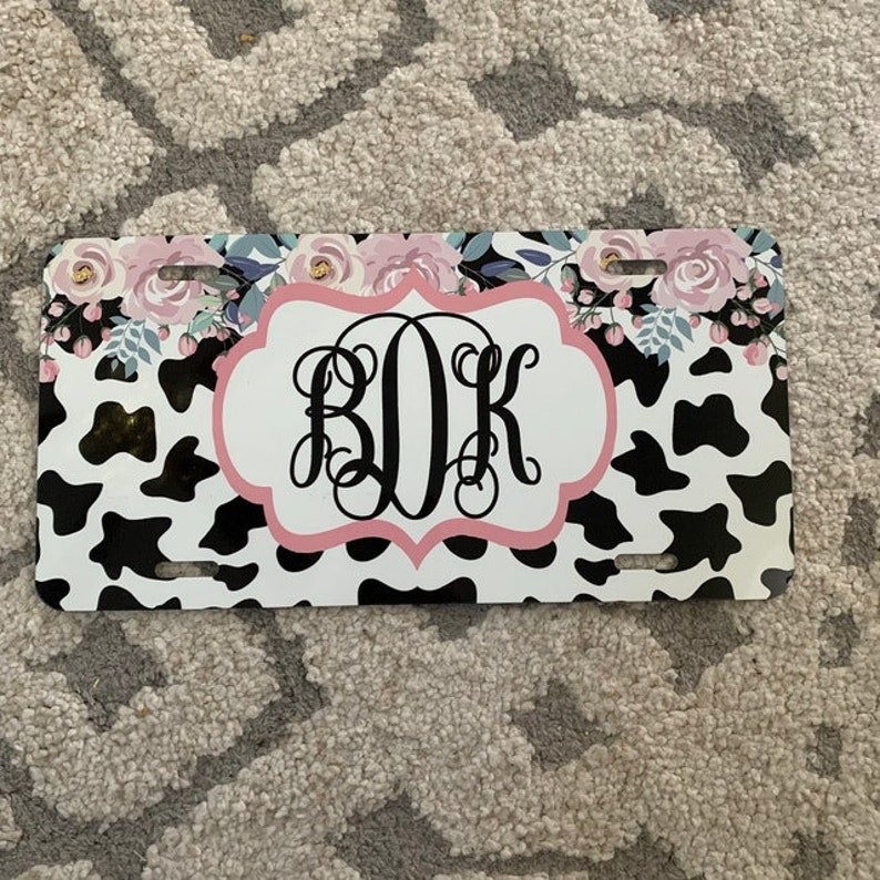 Black Cow Print Pink Floral Personalized License Plate and - Etsy