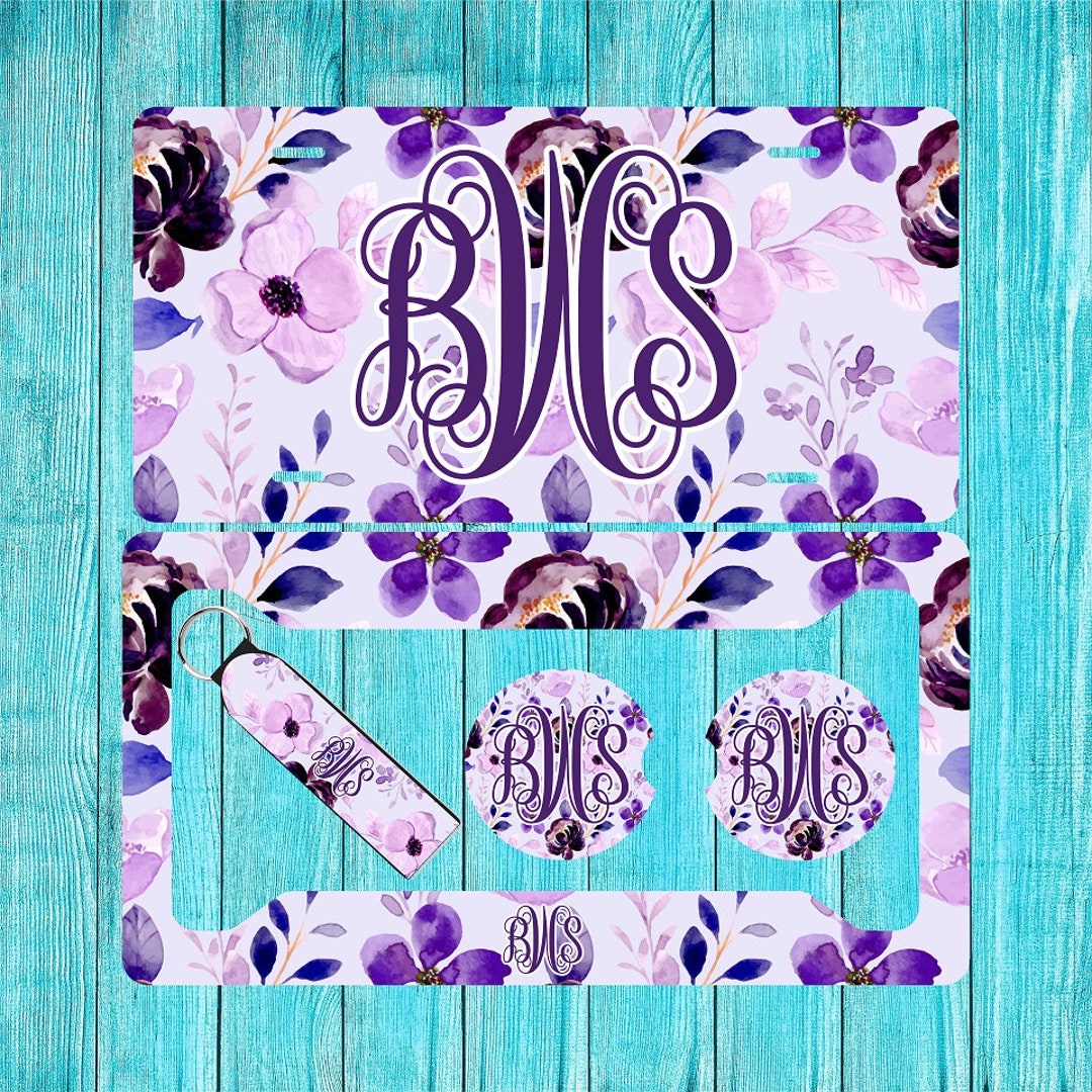 Purple Floral Personalized License Plate and Car Coasters, Personalized ...
