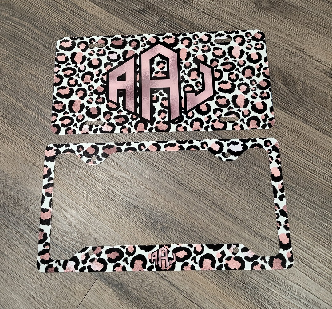 White and Rose Gold Cheetah Print Personalized License Plate ...