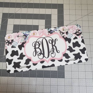 Black Cow Print Pink Floral Personalized License Plate and Accessories ...