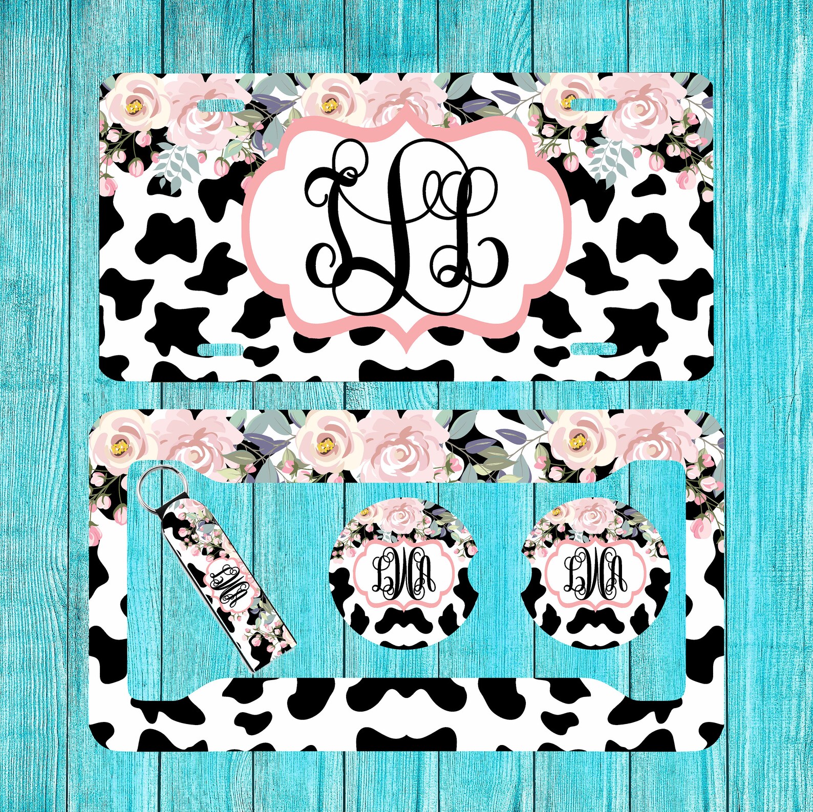 Black Cow Print Pink Floral Personalized License Plate and - Etsy
