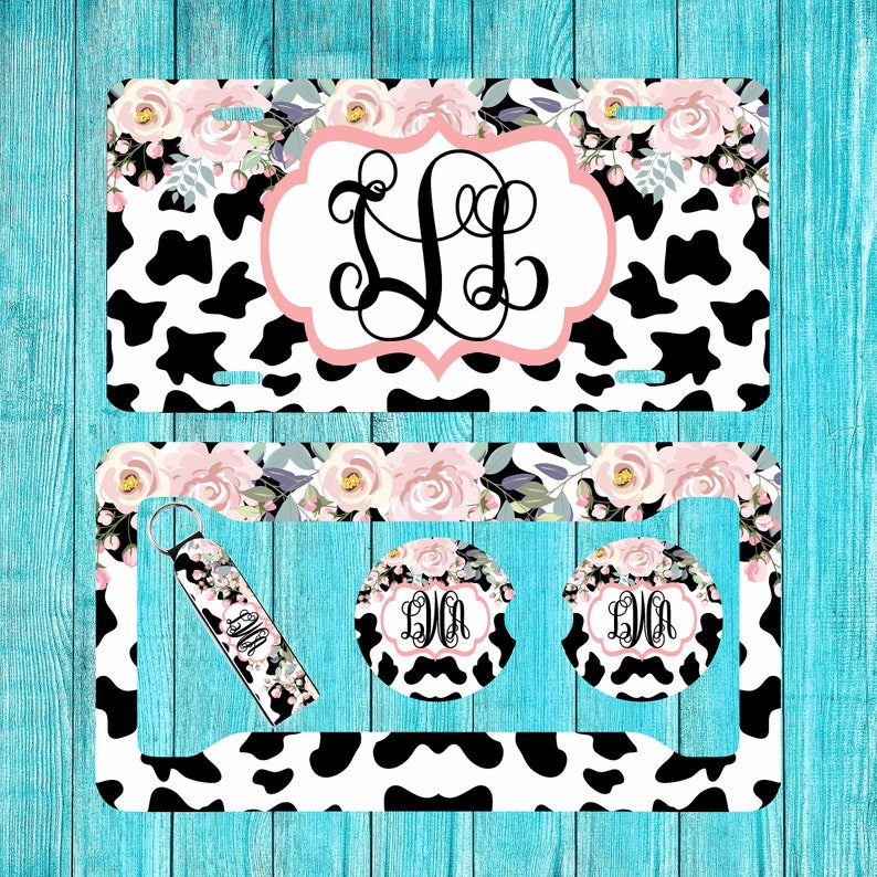 Black Cow Print Pink Floral Personalized License Plate and Accessories ...