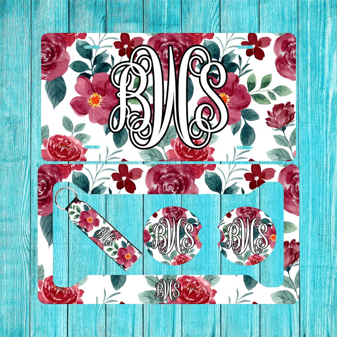 Maroon Floral Personalized License Plate and Car Coasters, Personalized ...