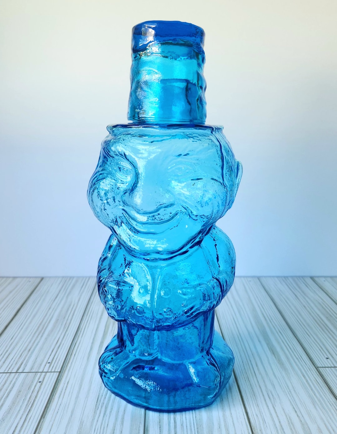 Vintage Blue Indiana Glass Jolly Mountaineer Tumble up Bottle Decanter ...