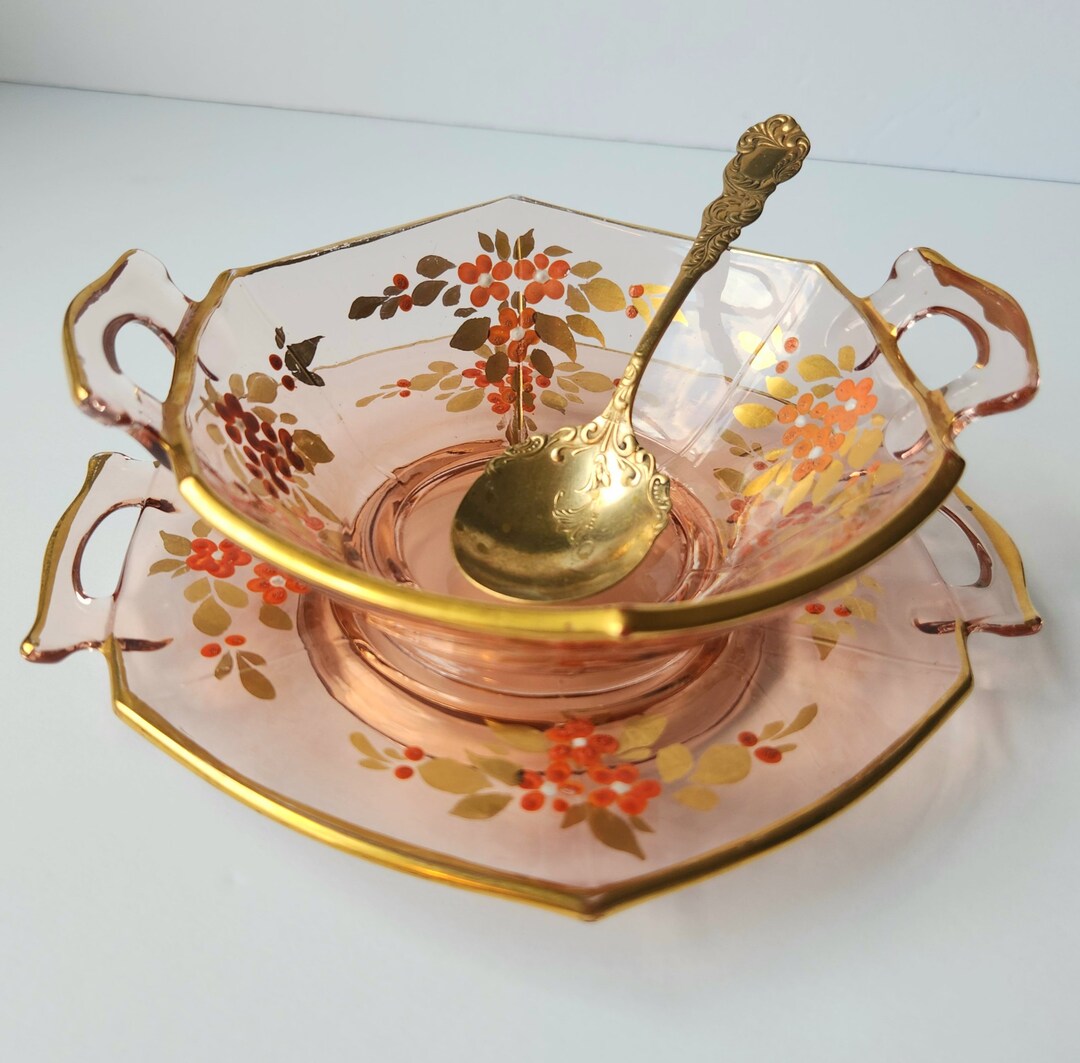 Painted Pink Glass Handled Mayo Relish Bowl With Underplate Set - Etsy