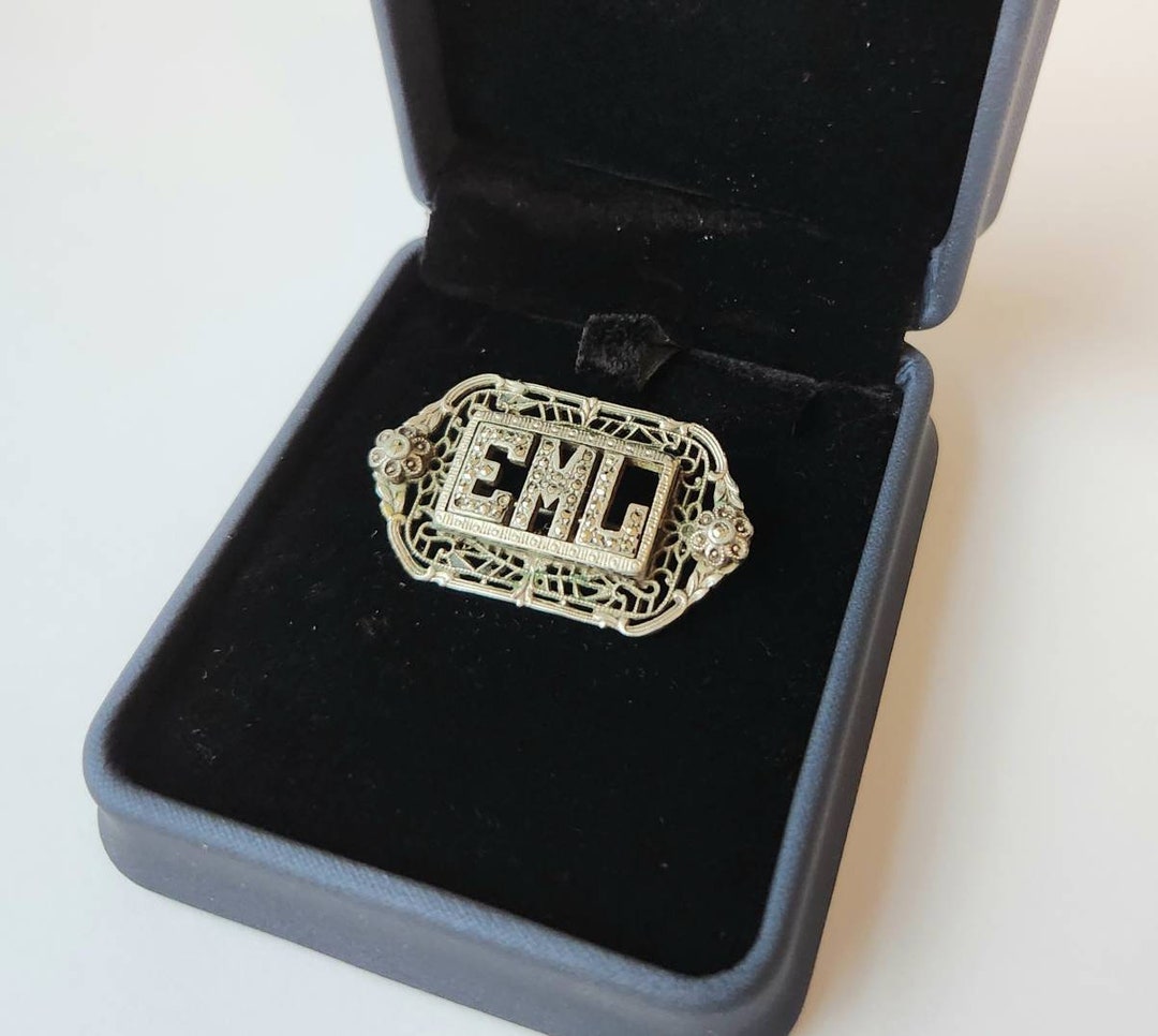 Antique Art Deco Marcasite Filigree Pin Initials EML Monogram Brooch - Etsy