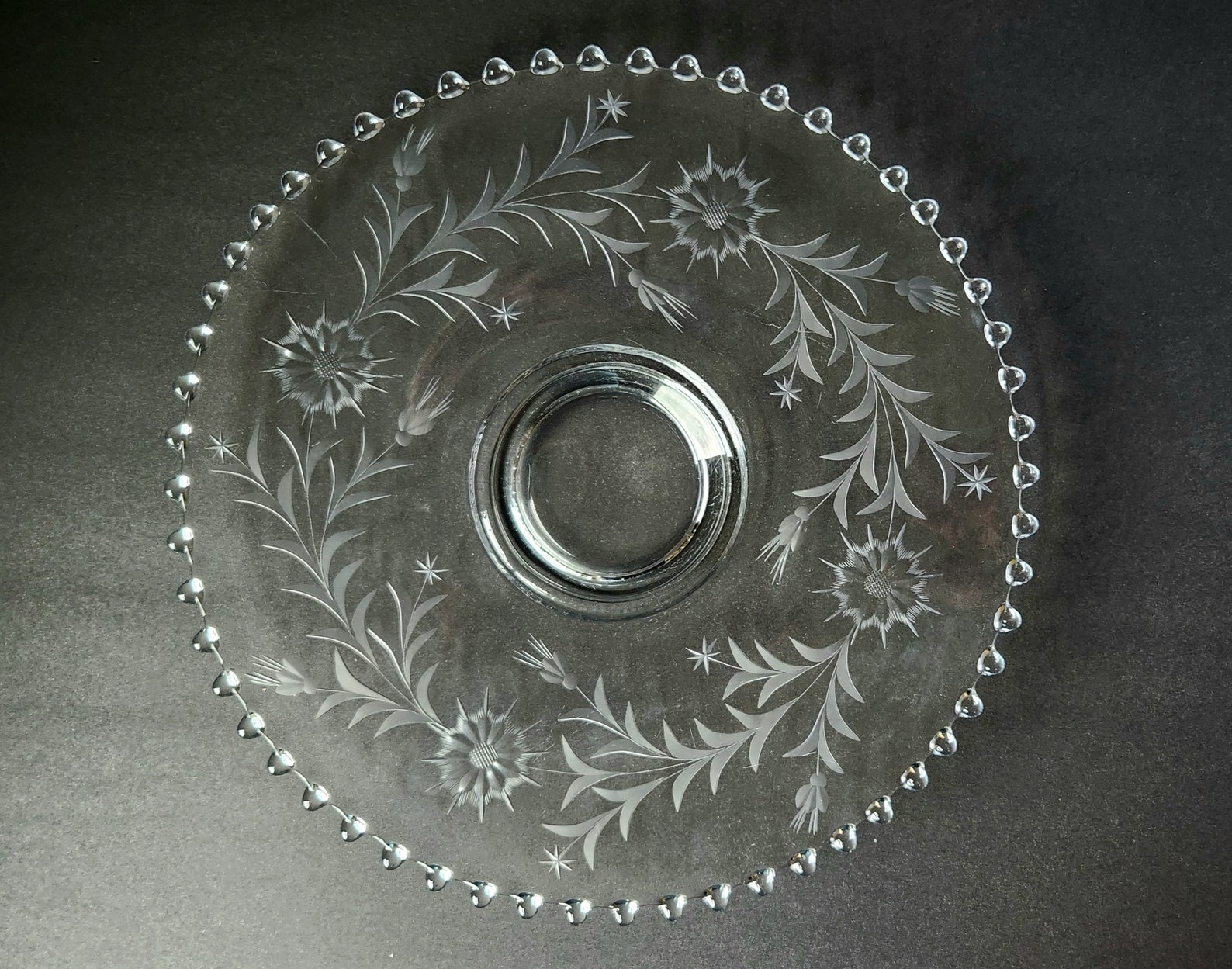 Vintage Etched Clear Glasd 14" Cake Torte or Serving Plate Tray ...